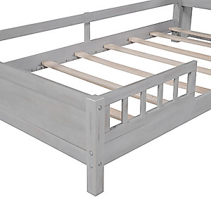 SOFTSEA Twin Size Platform Bed with Storage Headboard and LED Light, Wood Bed Frame with Fence Guardrails for Kids, Kids Twin Bed Frame, No Box Spring Needed, Gray