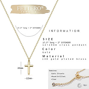 Fettero Cross Necklace Gold Faith Pendant 14K Gold Plated Dainty Chain Minimalist Simple Tiny God Lords Prayer Religious Jewelry