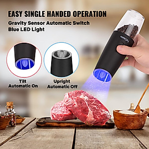 FaCreate UPGRADED USB RECHARGEABLE Gravity Electric Salt and Pepper Grinder Set,Battery Powered Automatic Operation Salt and Pepper Shakers,LED Light Adjustable Coarseness Mill 2 PACK(BLACK)