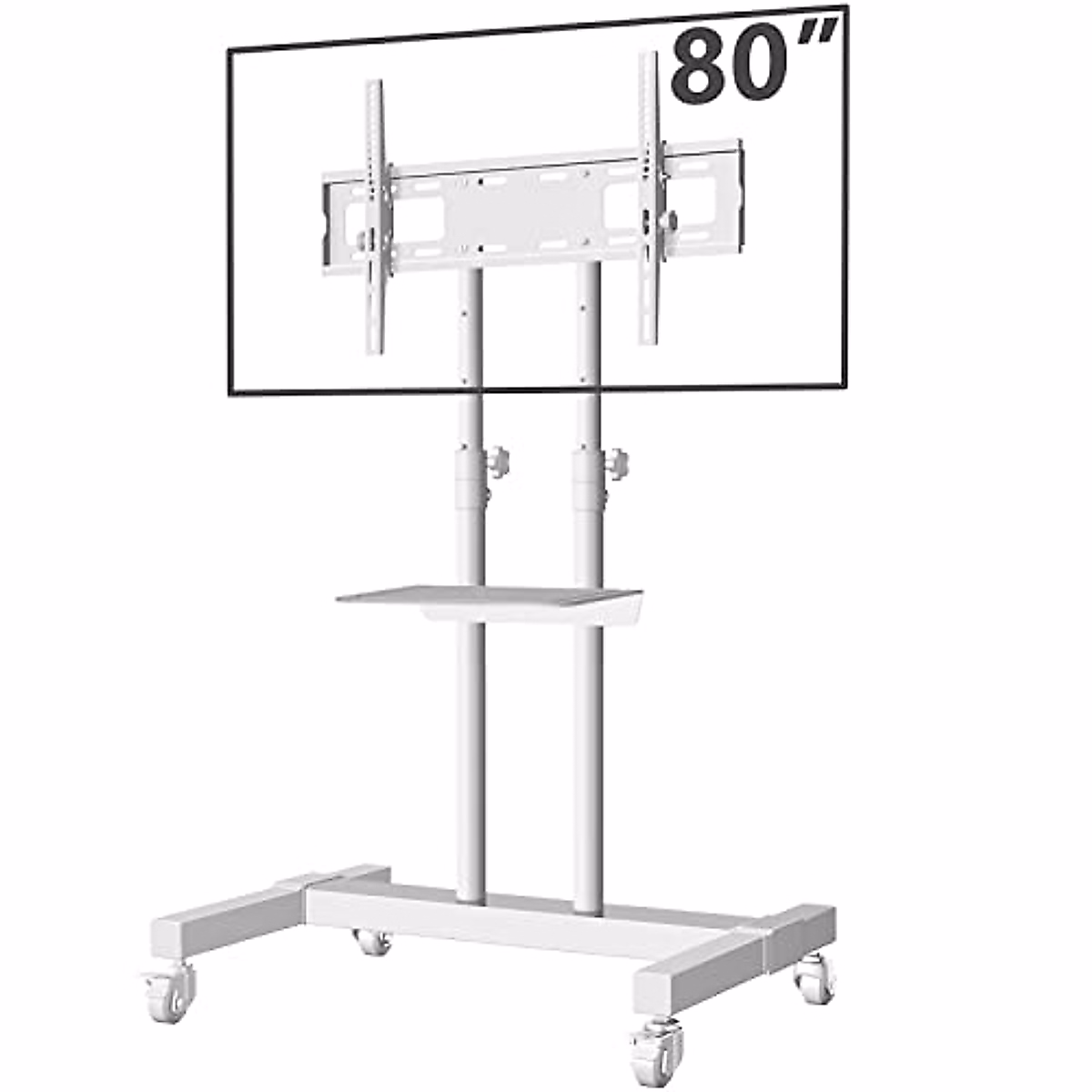 Mobile TV Stand Rolling TV Cart Floor Stand with Mount on Lockable Wheels Height Adjustable Shelf for 32-80 Inch TV Stand Flat Screen or Curved TVs Monitors Display Trolley Loading 110 lbs, White