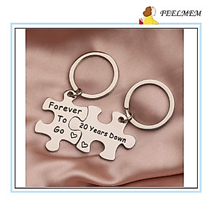 FEELMEM Couples Gifts 5th, 50th Years Down Forever to Go Puzzle Keychain Set of Two Wedding Anniversary Present (20th AV)