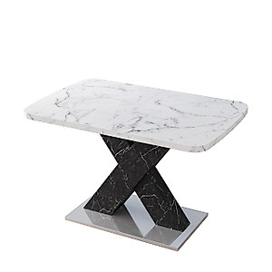 Mcltopz Extendable Marble Dining Table, Marble Dining Table for 4-6, Expandable Dining Table with White Faux Marble Top and X Crossed Pedestal Base, Rectangular Kitchen Table for Dining Room Kitchen