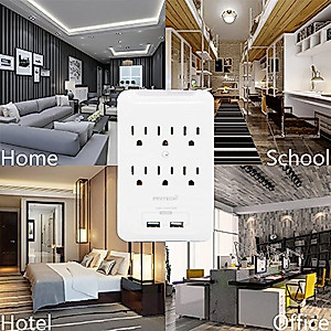 Multi-Function Wall Mount Outlet Adapter, Surge Protector Charging Station, OviiTech Dual 2.1AMP USB Charging Ports,6 AC Socket Outlet Splitter Plugs,White,ETL Certified