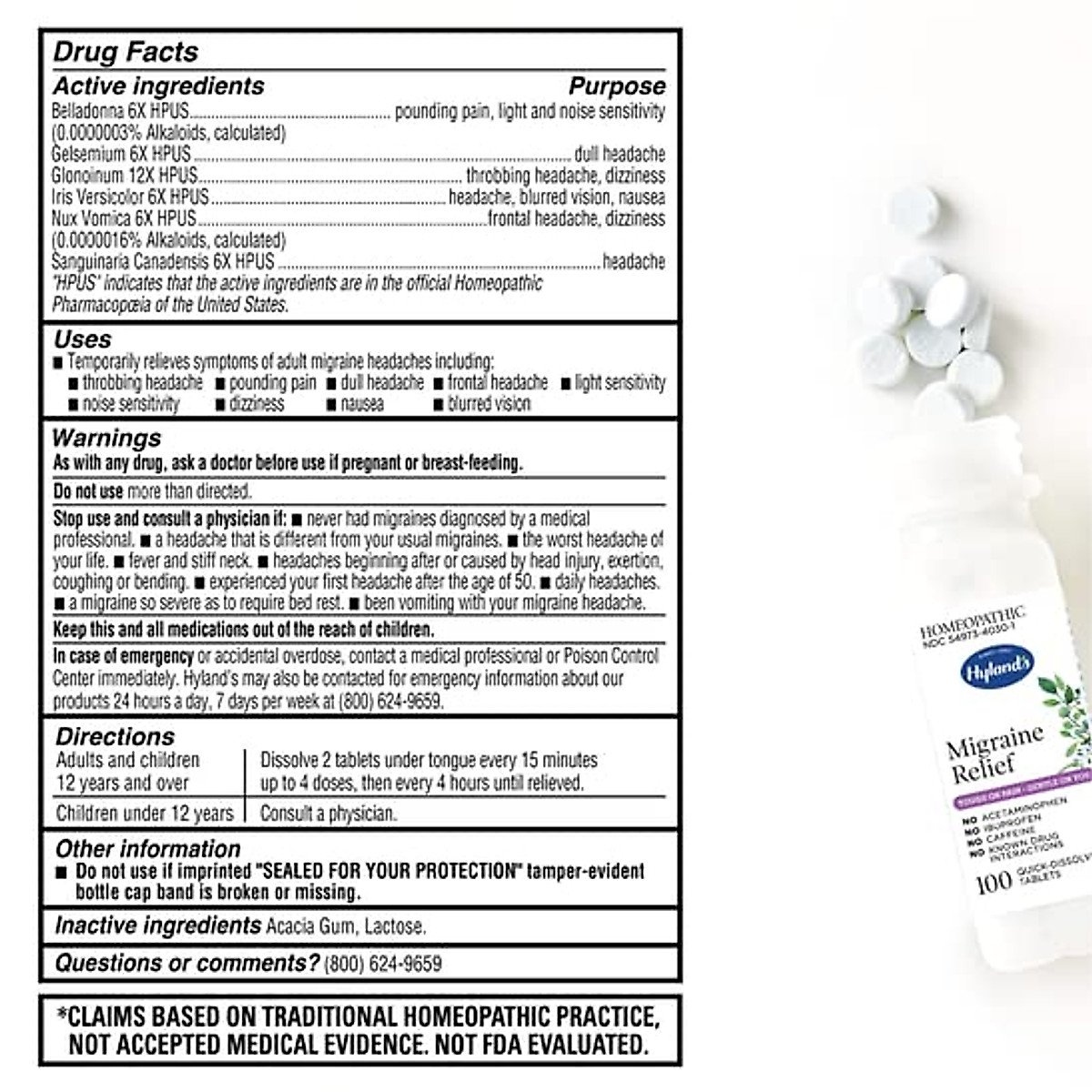 Hyland's Naturals Migraine Headache Natural Pain Relief Tablets, Pack of 1, 100 Count (Packaging May Vary)