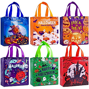 Happy Halloween Trick or Treat Bags Pumpkin Ghost Witch Gift Bags, Halloween Candy Tote Bags with Handles for Kids, Non-Woven Halloween Bags for Gifts Wrapping, Party Supplies, 9.1×8.7×4.5inch,6-Piece