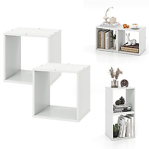 Giantex 2 Cube Bookshelf Organizer, 2-Tier Stackable Cube Storage Organizer, Small Wooden Open Book Shelf with Anti-toppling Device, Wood Floor Standing Display Shelving Bookcase, White