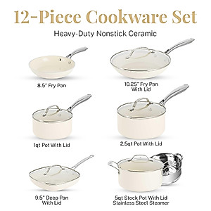 Gotham Steel 12 Pc Ceramic Pots and Pans Set Non Stick, Kitchen Cookware Sets, Pot and Pan Set, Ceramic Cookware Set, Non Toxic Cookware Set, Non Stick Pots and Pan Set, Dishwasher Safe - Cream White
