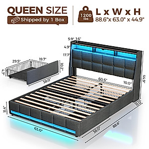 Rolanstar Queen Size Bed Frame with LED Lights and Charging Station, Upholstered Bed Storage Headboard & Drawers, Heavy Duty Wood Slats, Easy Assembly