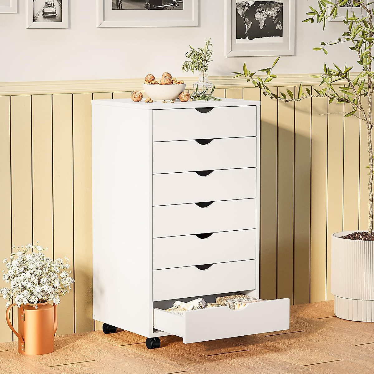 Sweetcrispy 7 Drawer Chest - Storage Cabinets Dressers Wood Dresser Cabinet with Wheels Mobile Organizer Drawers for Office, Home, White