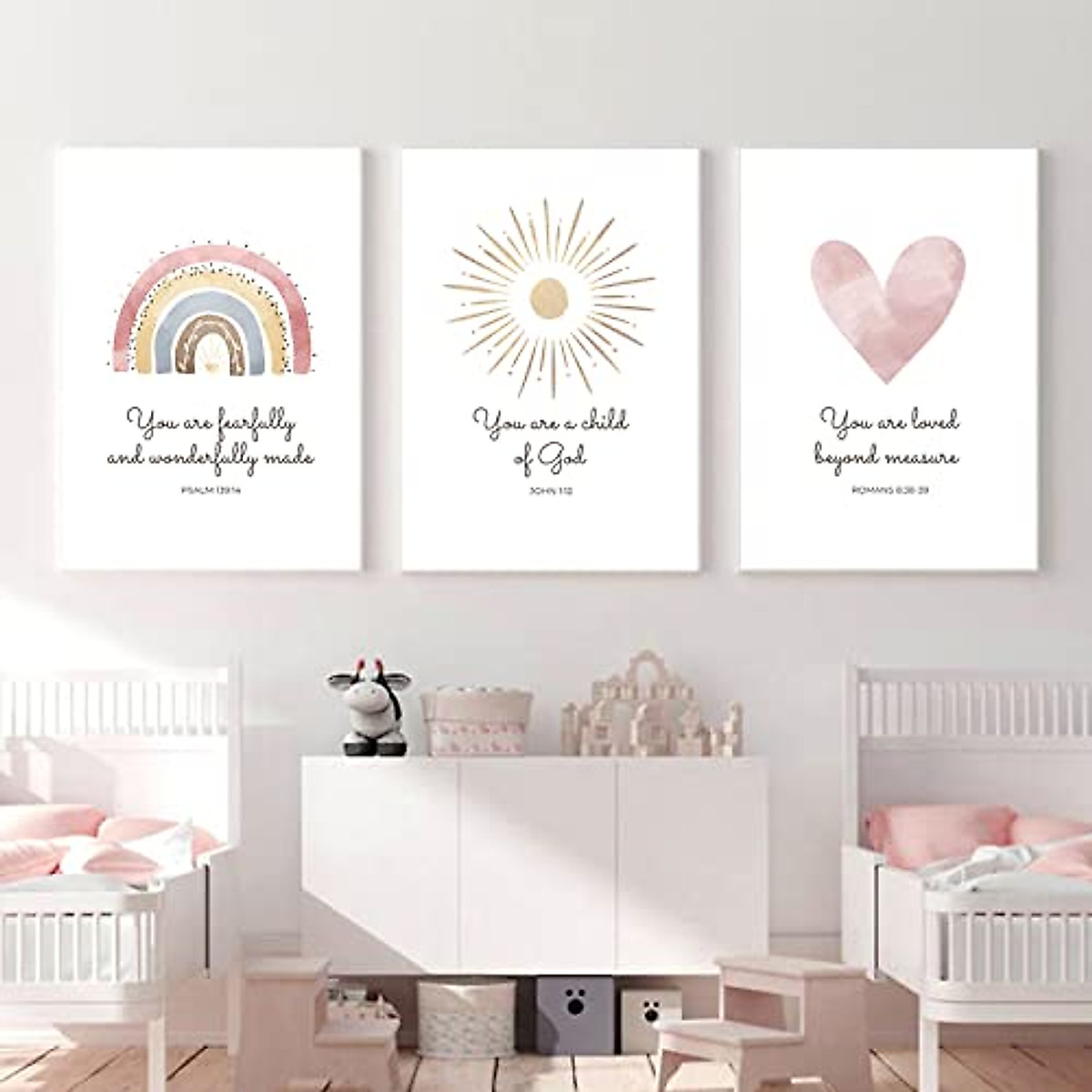 Boho Nursery Wall Art 3 Pieces Bible Verse Nursery Art Christian Girls Nursery Wall Art Heart Rainbow Sun Nursery Art Print Boho Sunshine Nursery Decor for Girl Baby Kid Room Decor 12x16 Inch Unframed
