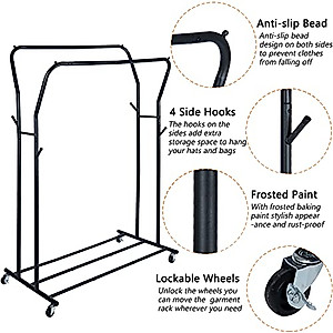 GIOTORENT Double Rod Clothes Rack with Wheels,42 Inch Portable Rolling Coat Rack,Freestanding All-Metal Garment Rack,40 Pieces of Clothing MAX,for Hanging Clothes,Bags,Black