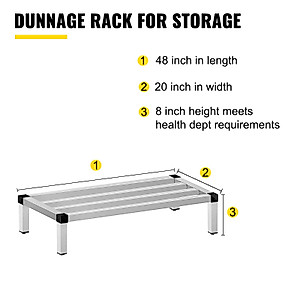 VEVOR Aluminum Dunnage Rack, 48'' x 20'' Commercial Floor Food Shelf, 8'' Off The Floor, 1500lbs Capacity Aluminum Storage Rack, Commercial Food Service Storage in Restaurant, Kitchens, Shops
