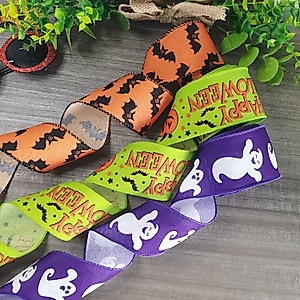 WOOPSOO 5Rolls Halloween Wired Edge Ribbon Spider Web Bat Ribbon Ghost Ribbon Halloween Wired Polyester Ribbon 2.5 Inch x 32 Yards, Present Wrapping Crafts,Autumn Wreath Home Decoration