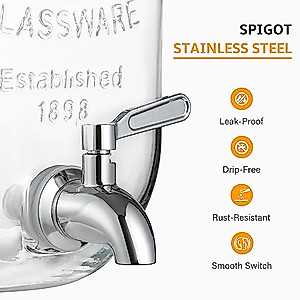 2 Gallon Glass Beverage Dispenser with Stand and Lid, 18/8 Stainless Steel Spigot - Glass Drink Dispensers for Parties - Mason Jar Drink Dispensers with Lids