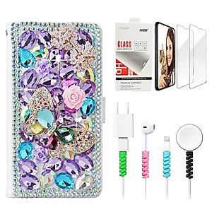 STENES Bling Wallet Phone Case Compatible with Samsung Galaxy S23 - Stylish - 3D Handmade Butterfly Bowknot Flowers Leather Cover with Screen Protector & Cable Protector - Light Purple