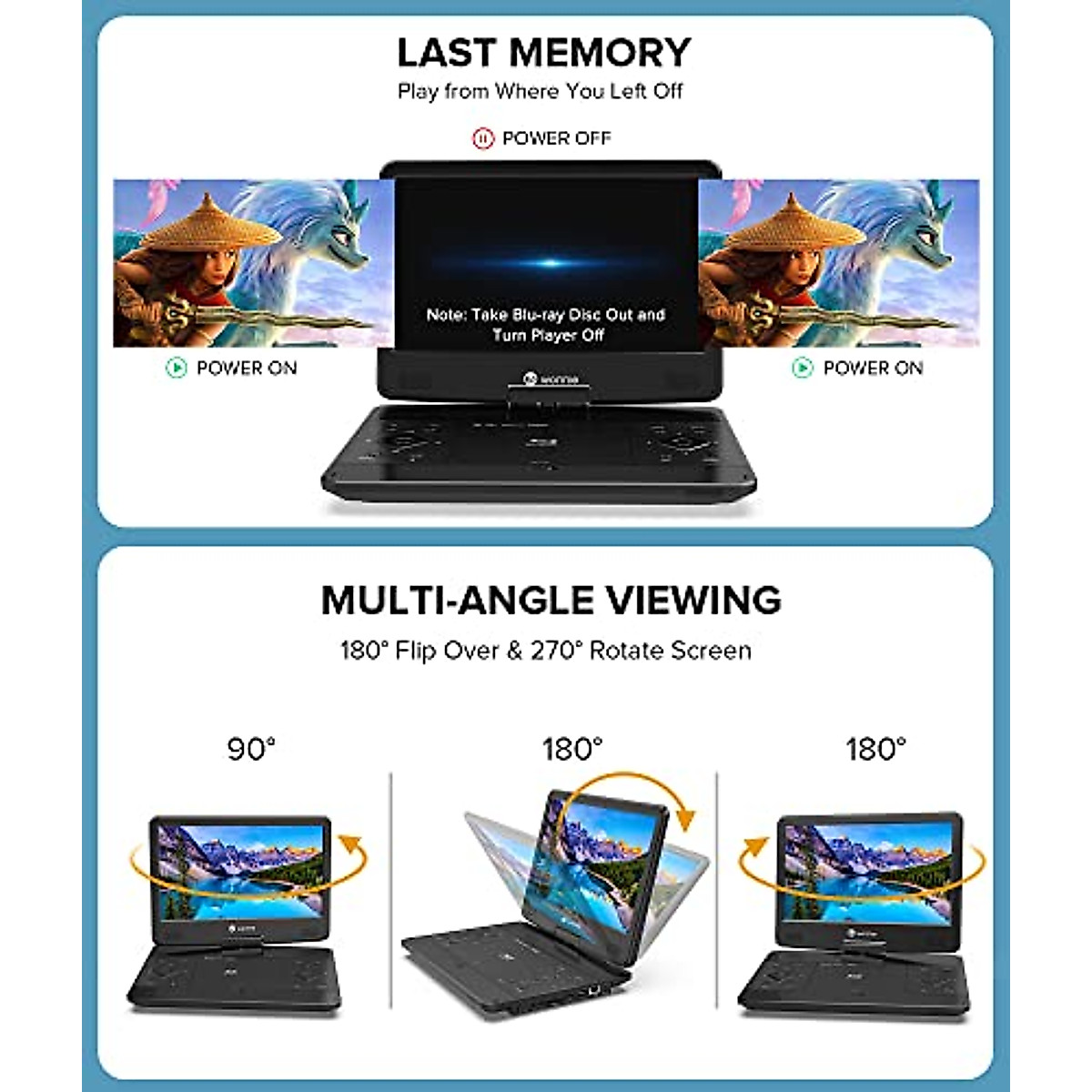 WONNIE 16.9" Portable Blu-Ray DVD Player with 14.1" 1080P Full HD Large Screen, Dolby Audio, 4 Hrs Rechargeable Battery, Support HDMI Out, AV in, USB/SD Card, Last Memory