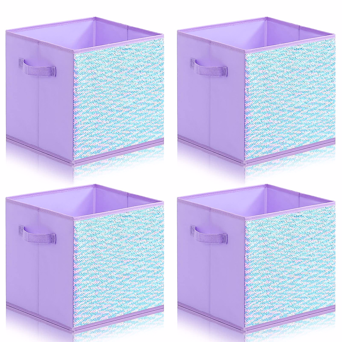 ELUCHANG Foldable Sequin Storage Basket Bin Closet Cubes Kids Toys Organizer Boxes, Collapsible Fabric Cubby Storage Bins for Girls,Organizing,Babies,Nursery,Shelves 11x11x11 (Purple,4PCS)