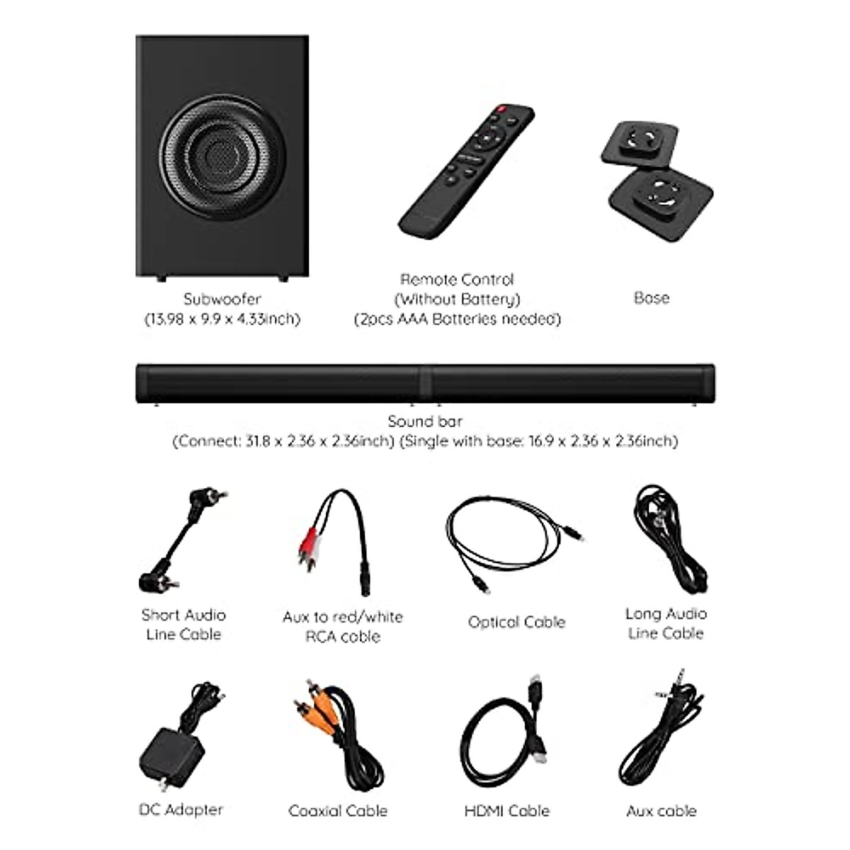 GEOYEAO Sound Bars for TV with Subwoofer, 2.1ch Home Audio Soundbar & 3D & Deep Bass Subwoofer | Bluetooth & Multi-Connection | 2-in-1 Detachable Design | TV Surround Sound Speaker System