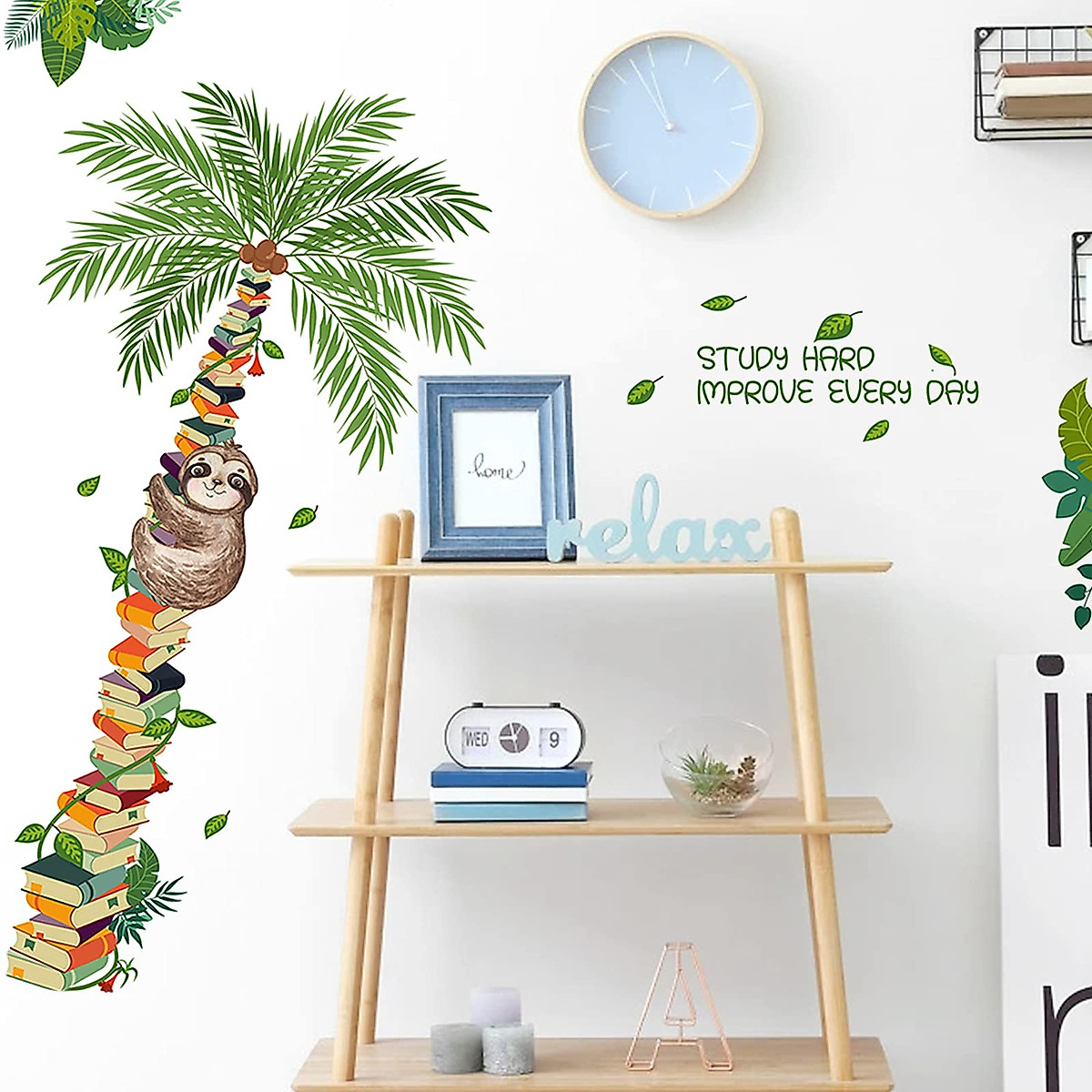 Book Tree Plants Sloth Wall Sticker, Cute Sloth Climbing on The Tree Wall Decal, Removable DIY Vinyl Mural Art Wallpaper Décor for Reading Room Kids Bedroom Nursery Classroom