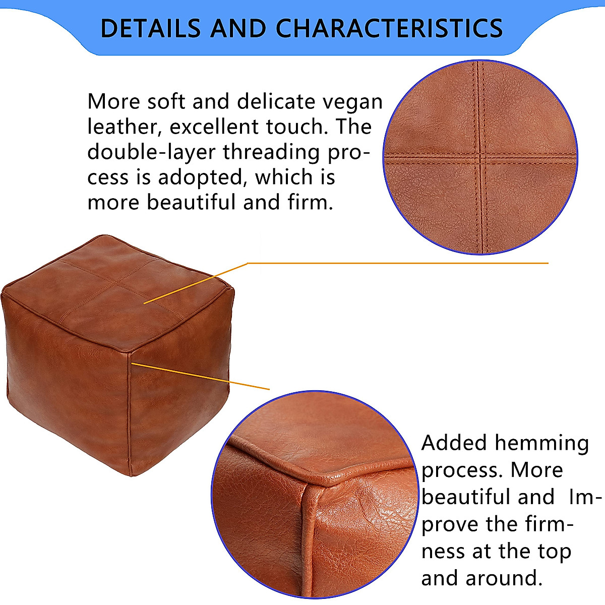 Thgonwid Unstuffed Handmade Cube Pouf Faux Leather Ottoman Cover, Square Pouffe Footstool Storage Stool, Bedroom Living Room, 15.7" H x 16.5" W, Brown