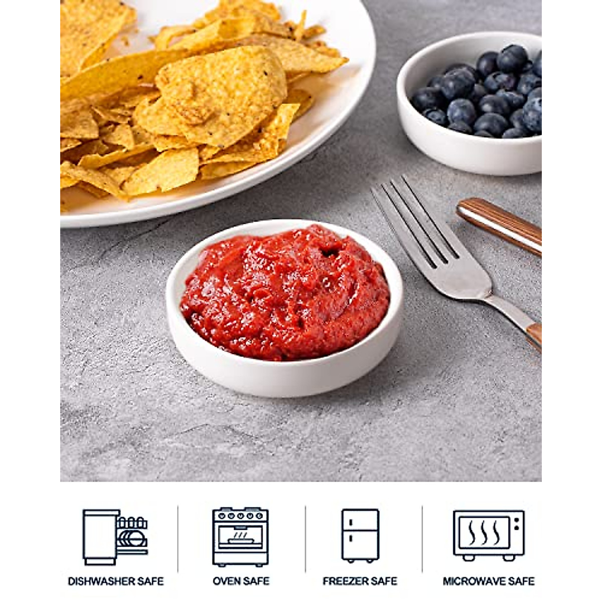 DELLING 8 PACK Dipping Bowls Set, Ceramic Dipping Sauce Dishes, 3.5 Oz Soy Sauce Dish, Side Dish Bowls, Small Bowl/Dish for BBQ, Condiments, Appetizer, Dessert, Sushi, Party - White