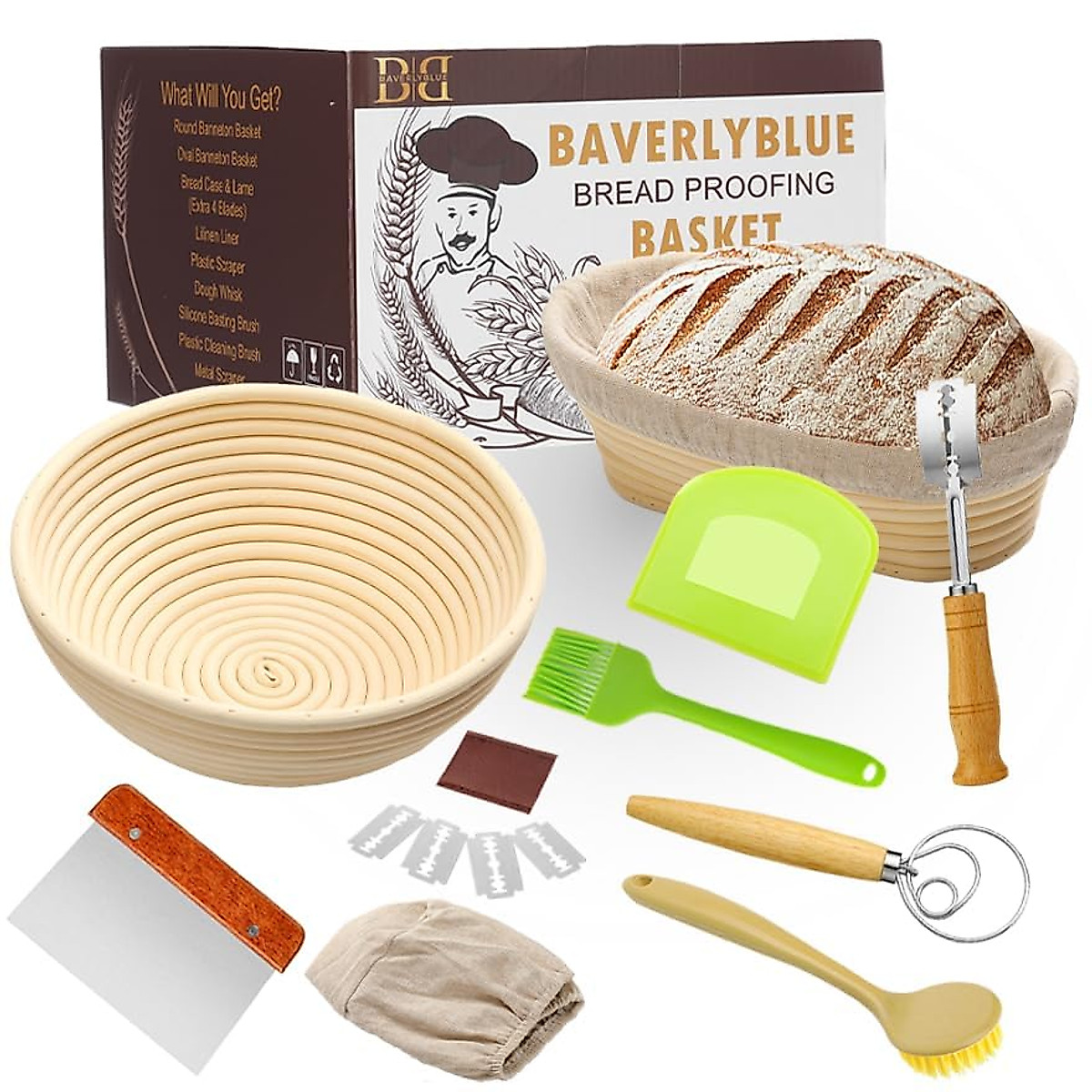 BaverlyBlue 9 Inch Round & 10 Inch Oval Rattan Banneton Baskets Set for Bread Proofing, Natural Rattan Cane Material, Ideal for Home Bakers
