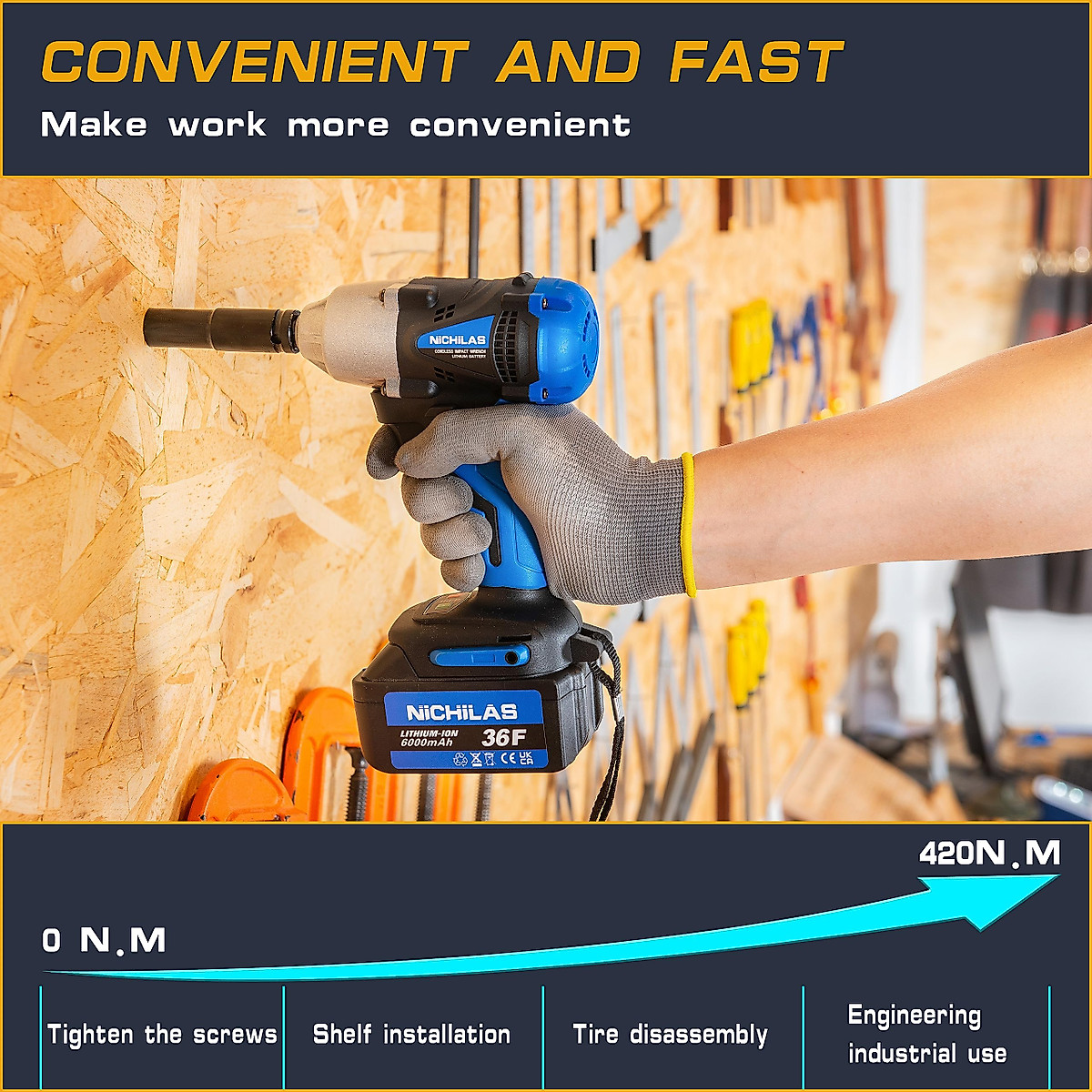 Nichilas Cordless Impact Wrench, 2 IN 1 Screwdriver Head, 21V electric power wrench, 420Nm High Torque, 4 Pole Motor, Include Battery & Charger & Carrying Plastic Box