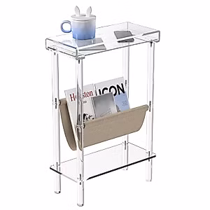 Eglaf Acrylic Narrow Side Table for Small Spaces - Slim End Table with Magazine Holder - Skinny Side Table Small Bedside Table Nightstand for Living Room Bedroom- 15.7” L x 7” W x 23.9” H, Clear