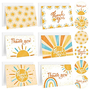Whaline 30 Packs Boho Sun Thank You Cards Retro Sunshine Greeting Cards with Envelopes and Stickers Here Comes the Son Blank Note Cards for Baby Shower Birthday Party Supplies