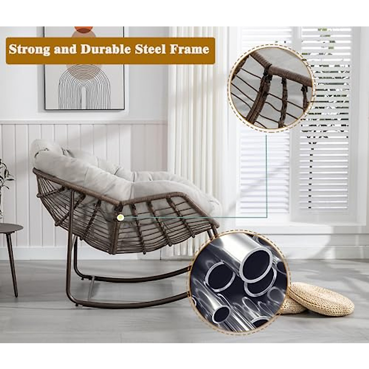 Lin-Utrend Outdoor Patio Rocking Chair,Oversized Egg Rocking Chair,Comfy Wicker Rocker Recliner Chair,Modern Lounge Chair for Living Room Patio,Balcony,Front Porch,Garden(Beige)