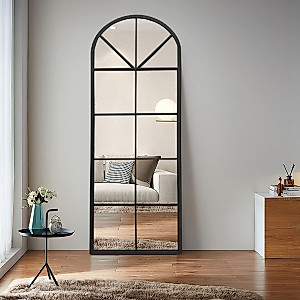 ZMYCZ Floor Full Length Mirror, Black Arched-Top, Large Window Pane Mirror, Wall Mounted Mirror, 65"x22" Standing Mirror Hanging or Leaning, Body Mirrors for Bedroom, No Stand
