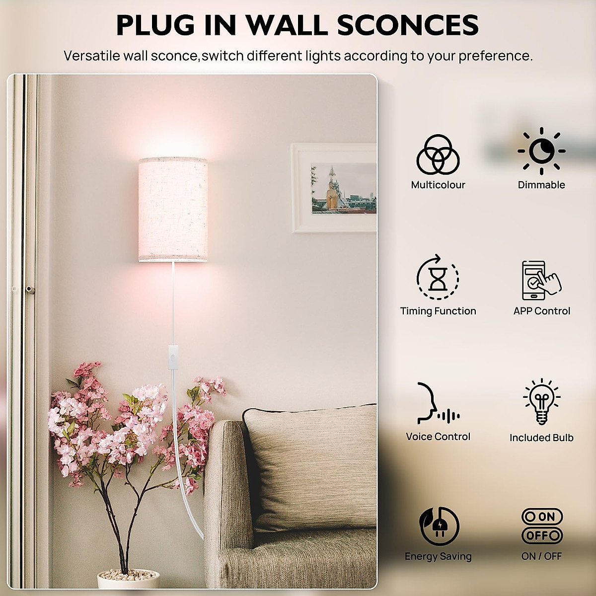 Lenarinter Wall Lamp with Plug in Cord Set of 2, Battery Operated Wall Sconces with RGB Smart Bulb & Switch Control, Linen Fabric Shade, Indoor Wall Lights for Bedroom Living Room Hallway