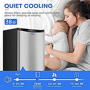 Upstreman 3.2 Cu.Ft Mini Fridge with Freezer, Single Door Mini Fridge, Adjustable Thermostat, Mini Refrigerator for Dorm, Office, Bedroom, Stainless Steel-SR321