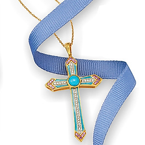 Ross-Simons Turquoise, 30 ct. t.w. Amethyst and .30 ct. t.w. White Topaz Cross Pendant Necklace With Enamel in 18kt Gold Over Sterling. 18 inches