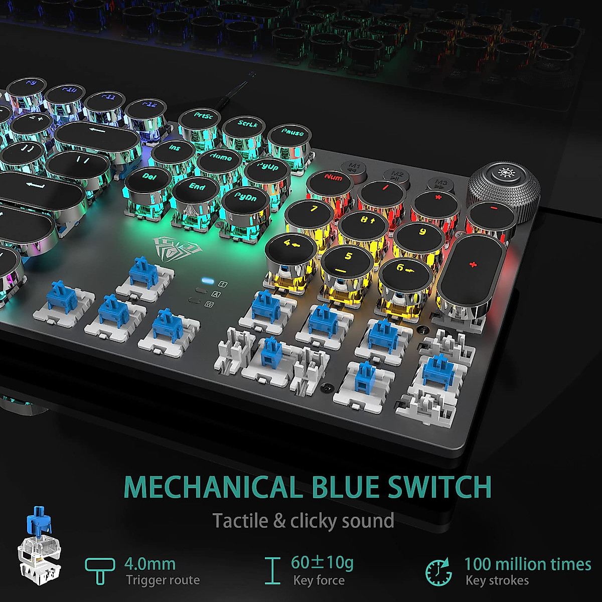 AULA F2088 Typewriter Style Mechanical Gaming Keyboard Blue Switches,Rainbow LED Backlit,Removable Wrist Rest,Media Control Knob,Retro Punk Round Keycaps,USB Wired Computer Keyboard