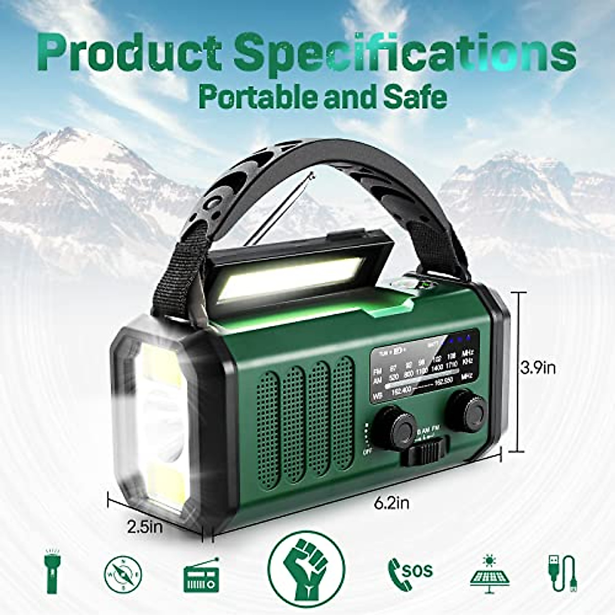Emergency Hand Crank Weather Radio with 10000mAh Battery Backup, AM FM NOAA Weather Radio, Type-C Charge,Solar Charging,SOS, 3 Modes LED Torch，Reading Lamp, Compass for Outdoor Survival
