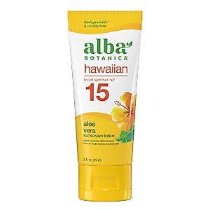 Alba Botanica Sunscreen for Face and Body, Hawaiian Aloe Vera Sunscreen Lotion, Broad Spectrum SPF 15 Sunscreen, Water Resistant and Biodegradable, 3 fl. oz. Bottle