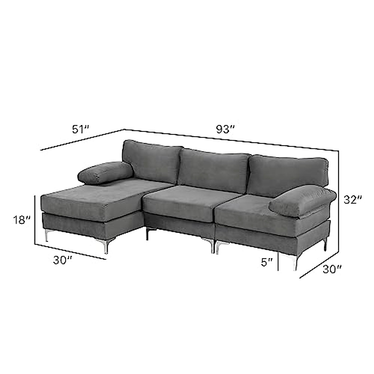 Casa Andrea Milano llc Modern Large Velvet Fabric Sectional Sofa L Shape Couch with Extra Wide Chaise Lounge