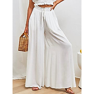 EVALESS Women's Comfy Wide Leg Pants Casual Drawstring Elastic Waist Lounge Culottes with Pockets White X-Large