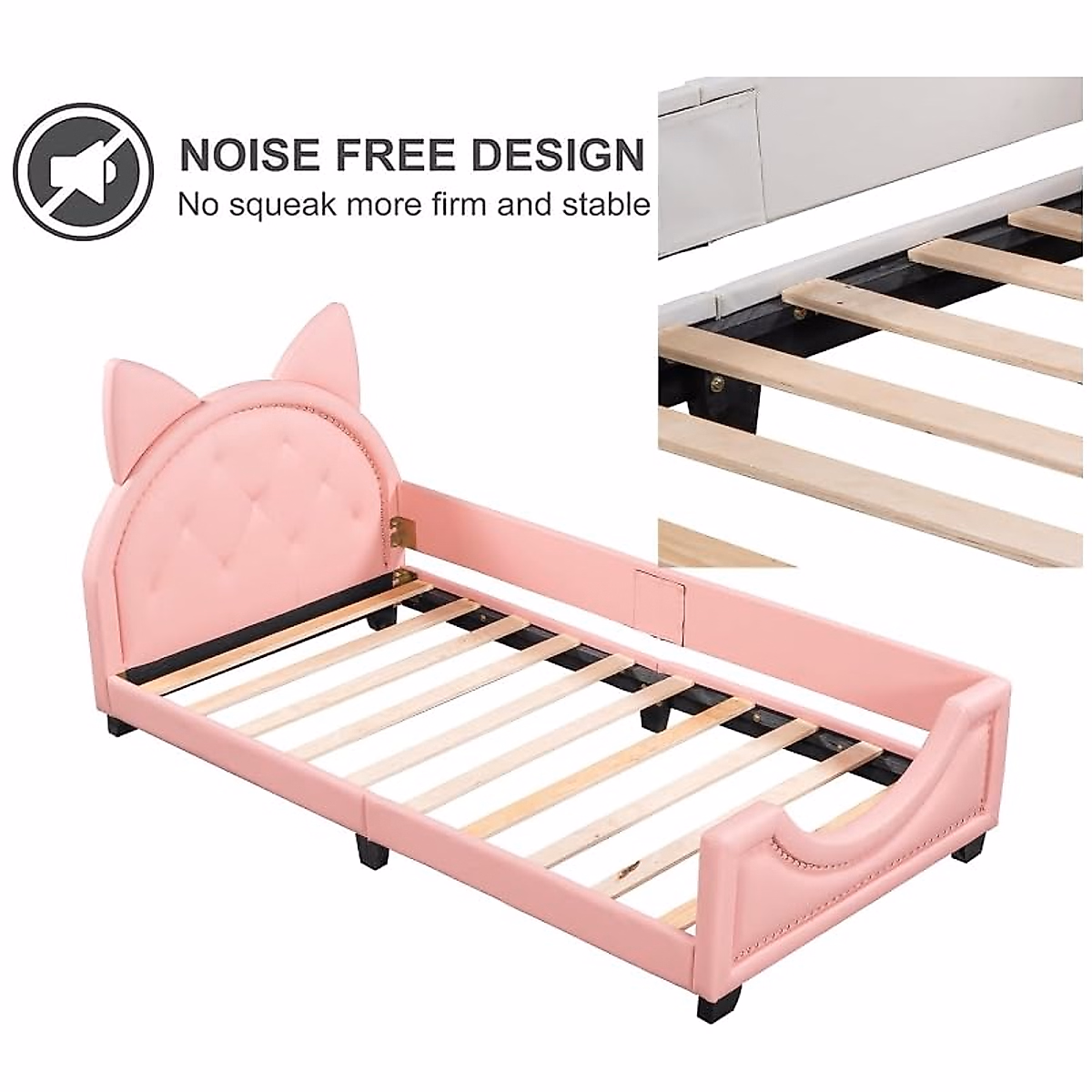 MWrouqfur Twin Size Upholstered Daybed,Wooden Daybed Frame with Carton Ears Shaped Headboard, PU Leather Platform Bed for Girls Boys, Low Profile Single No Box Spring Needed (Pink) (HYYS774)