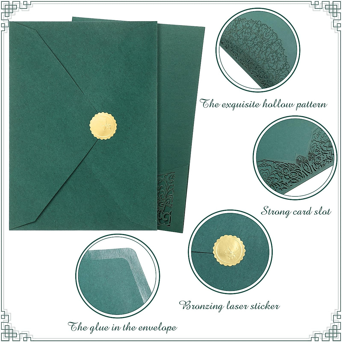 PerKoop 100 Set 5 x 7 Laser Cut Wedding Invitations with Envelopes and Wax Seal Stickers Pocket Wedding Invitation Cards Blank Invitation Kit for Wedding Bridal Shower Engagement Invite (Dark Green)