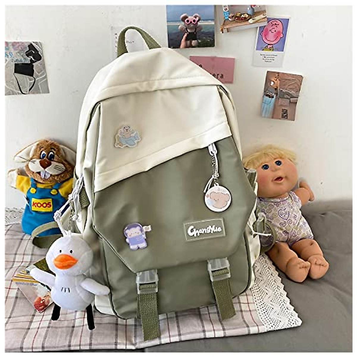 Zhousanjian Fashion Kawaii Backpack with Cute AccessoriesLarge Capacity Kawaii Girl Backpack Cute Aesthetic Backpack for School (green,one size)