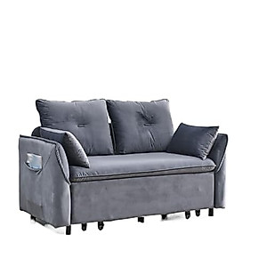 ADUH 57" Convertible Sofa Bed with 2 Detachable Arm Pockets, Velvet Loveseat Multi-Position Adjustable Sofa with Pull Out Bed