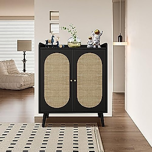 Rattan Sideboard Buffet Cabinet, Accent Storage Cabinet with Handmade Natural Rattan Doors, Free Standing Shoe Rack with Rattan Doors, Natural Rattan Shoe Cabinet Organizer for Bedroom (Black)