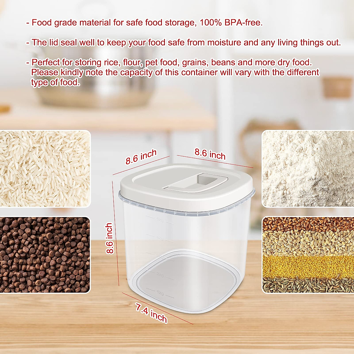 TBMax Airtight Food Storage Container -10 Lbs / 5.3QT Rice Container with Easy Seal Lid & Measuring Cup for Flour, Cereal, Dry Food Storage and Kitchen Pantry Organization