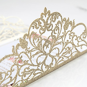 Maffily 50pcs Gold Glitter Laser Cut Invitation Pocket Blank Wedding Invitations with Envelopes And Rsvp Cards Ribbons for Wedding Quinceanera Bridal Shower Engagement Party Invite