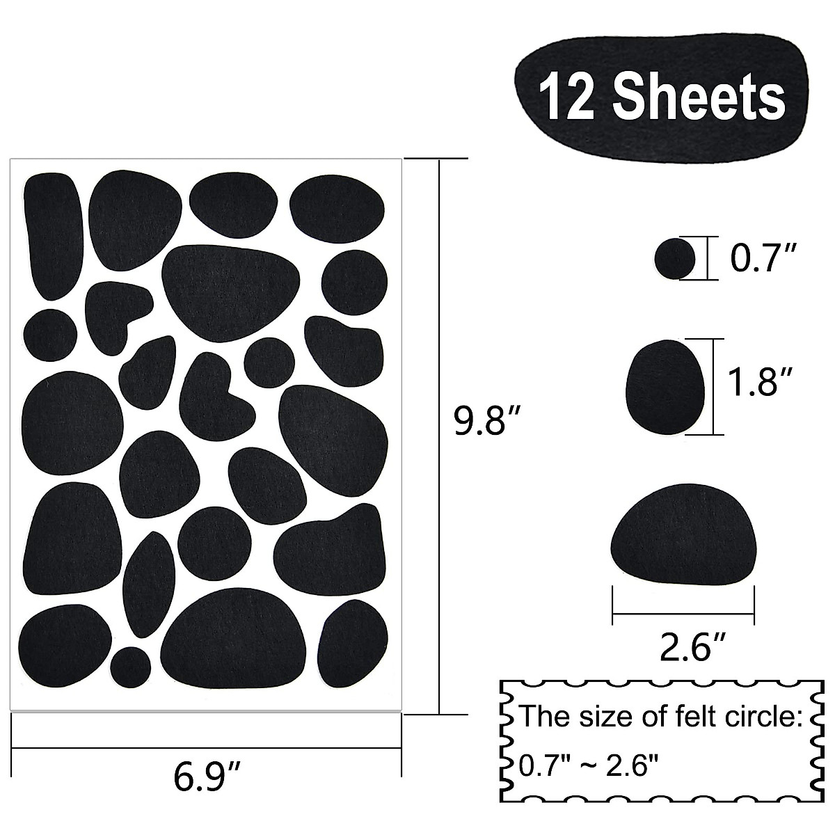 Coopay 12 Sheets Black Adhesive Felt Circles Felt Pads Spotty Dog Style 288 Pieces Irregular Shape Dots Felt for Halloween DIY Sewing Projects Costume