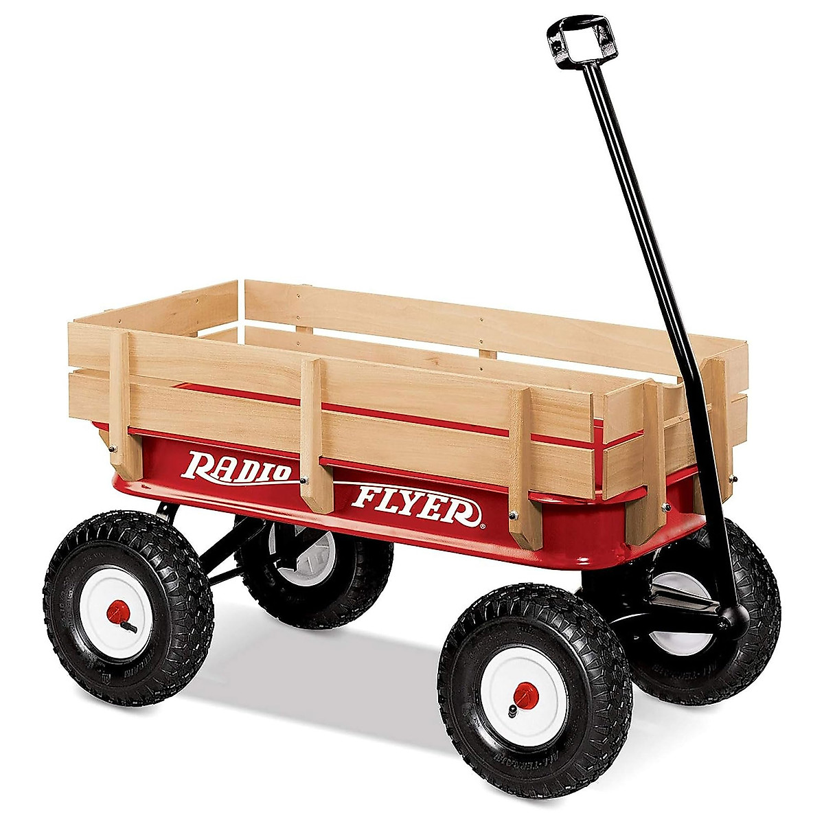 Radio Flyer Full Size All Terrain Classic Steel Pull Along Wagon with Foldable Handle and Wooden Stake Sides for Kids and Cargo, Red