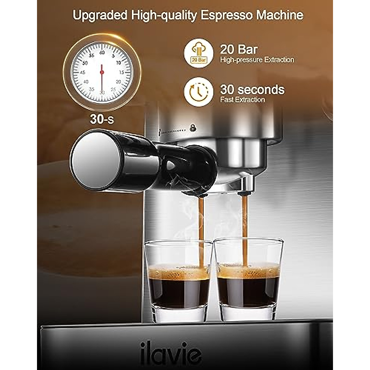 ILAVIE 20 Bar Espresso Machine, Stainless Steel Espresso Coffee Machine for Cappuccino, Latte, Espresso Maker for Home, Automatic Espresso Machine with Milk Steamer, 1.8L Water Tank, 1350W