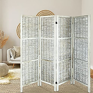 Babion 4 Panel Room Divider, Grass Willow Hand-Woven Screen, Room Dividers and Folding Privacy Screens, Modern Wall Dividers Room Bedroom Decoration, Dividers for Home Office -Grey